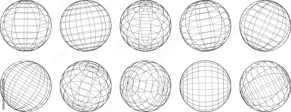 3D spheres grids, wireframe shapes. Globe meshes, ball in various ...
