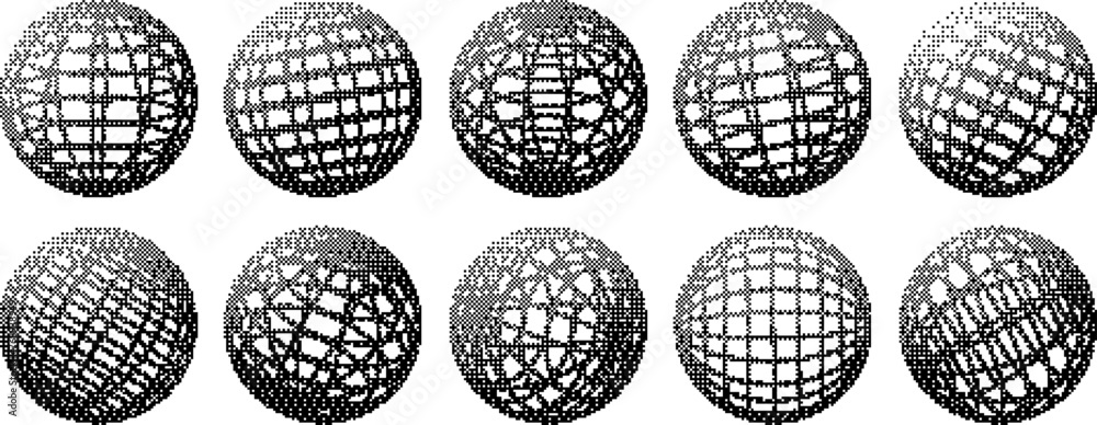 Bitmap 3D spheres grids, wireframe shapes. Abstract vector bitmap ...