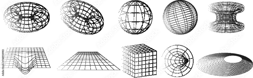 Raster 3D mesh shapes, wireframe shapes. Abstract vector raster image ...