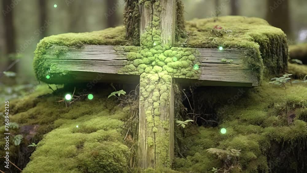 Experience the ethereal tranquility of an old and mossy grave monument ...