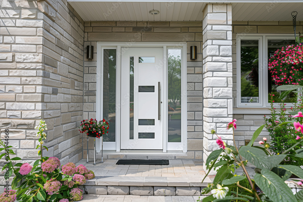 Modern White Exterior Door With 5 Glass Panels and Sidelights, Brick ...