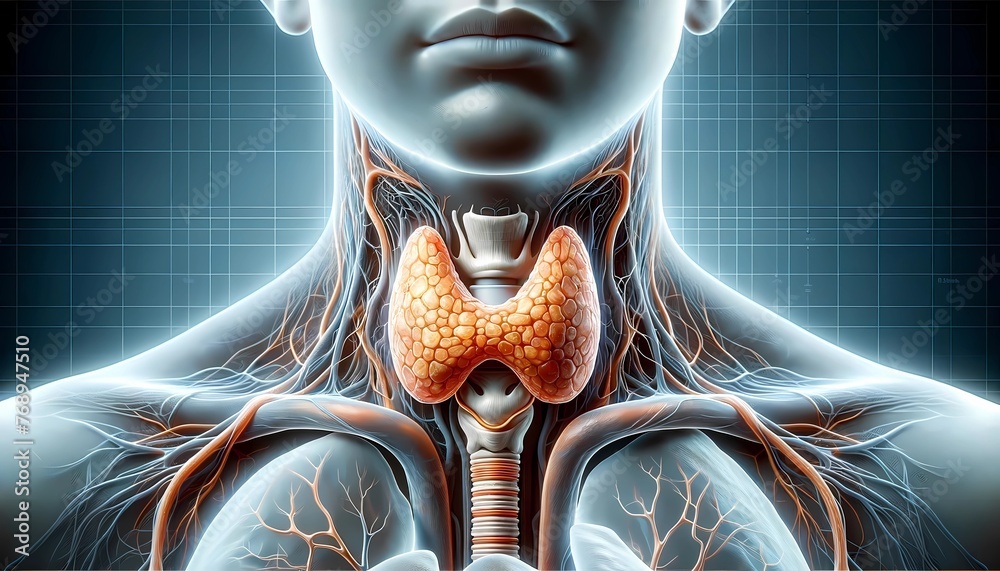human endocrine system displaying the thyroid gland, Concept of ...