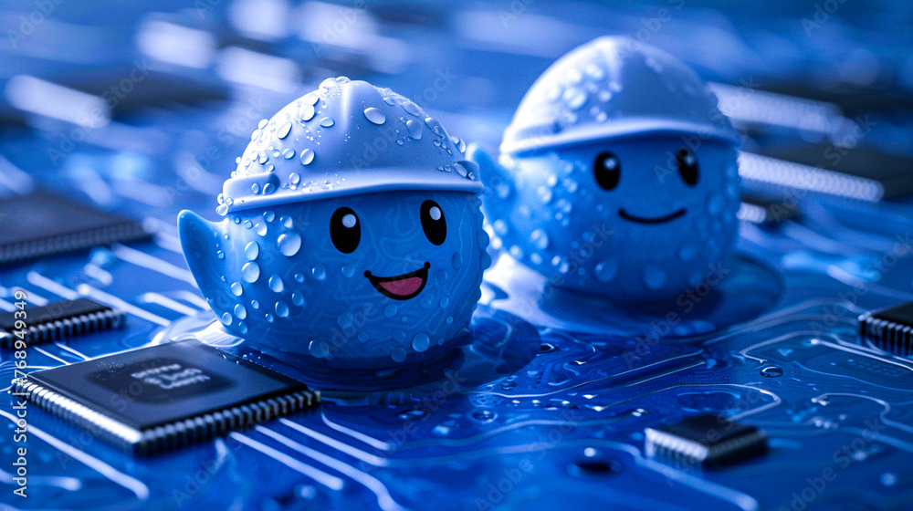 Animated water droplets wearing hard hats and inspecting semiconductor ...
