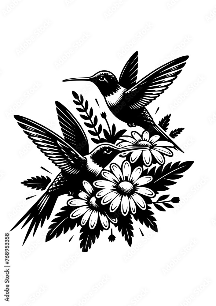 Two hummingbirds SVG, Hummingbirds with Flower SVG, Flower, Hummingbird ...