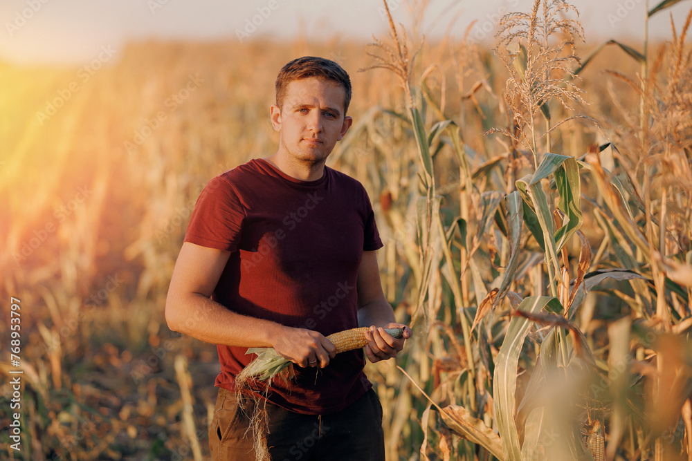 Portrait young man farmer in cornfield with freshly harvested corn for ...