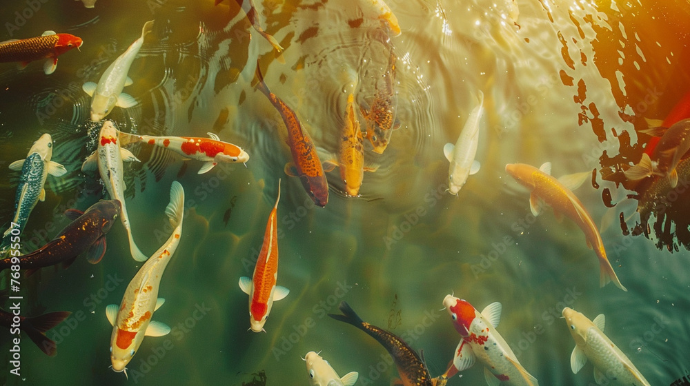top view of beautiful koi fish in a pond , natural warm light Stock ...