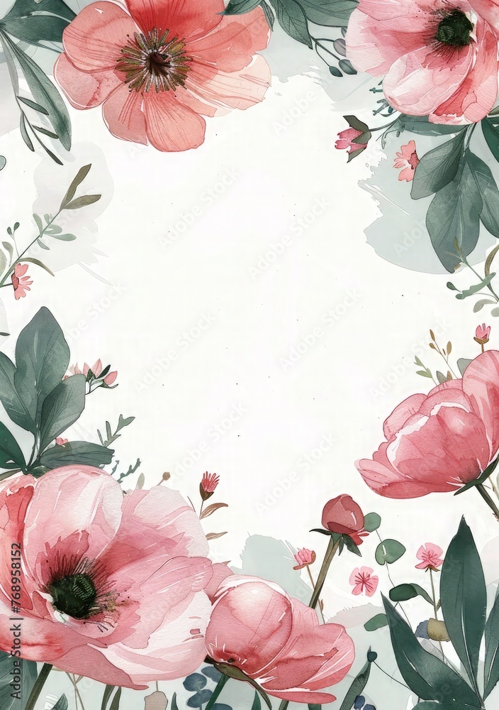 Watercolor floral wedding invitation card with Pink and green floral ...