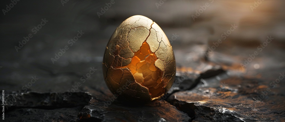 A 3D model of a golden egg cracking open to reveal a green, sustainable ...