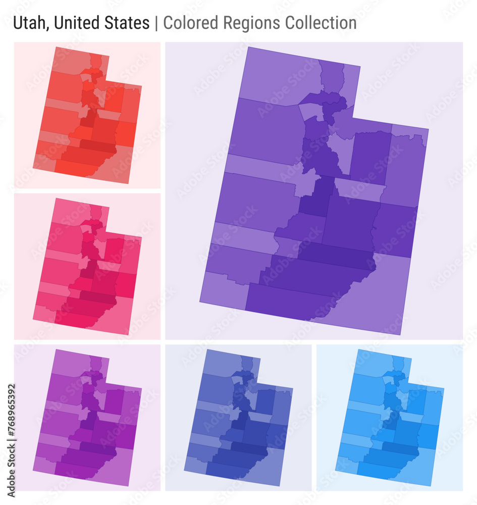 Utah, United States. Map collection. State shape. Colored counties ...