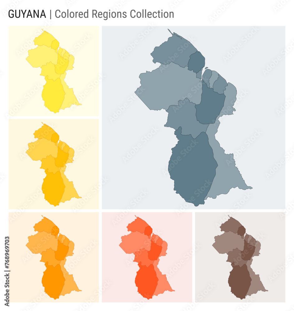 Guyana map collection. Country shape with colored regions. Blue Grey ...