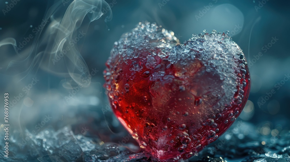 Heart wrapped in ice, with steam rising around, symbolizing ...