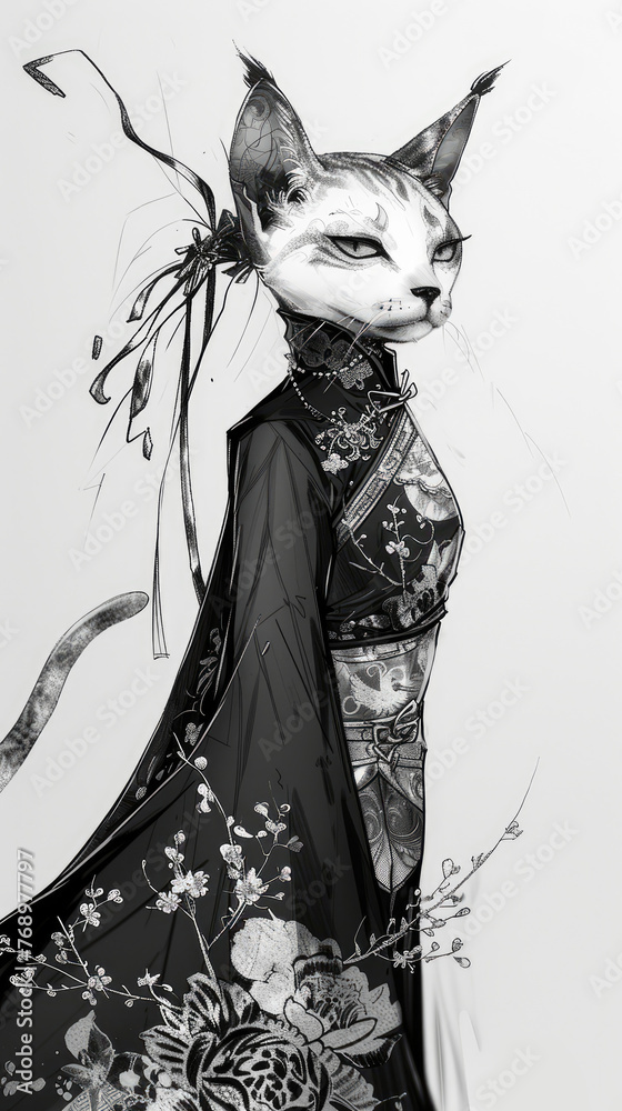 Beautiful cat, wearing a Chinese qipao, line art, smooth lines ...