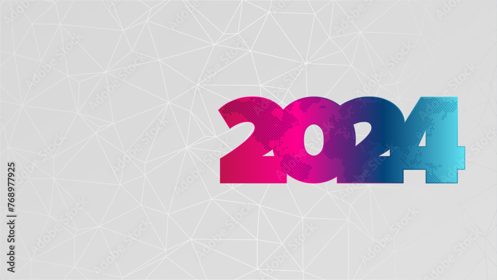 2024 year symbol with world map contour. Pink blue gradient infographic ...