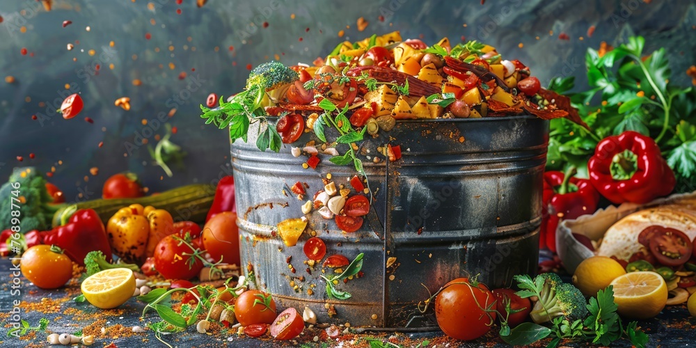 Overflowing metal bin with food waste depicting excess and ...