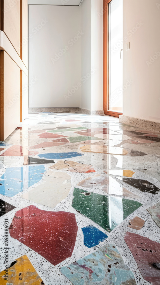 The appearance of cracked terrazzo flooring, combining diverse colors and textures for a unique ...