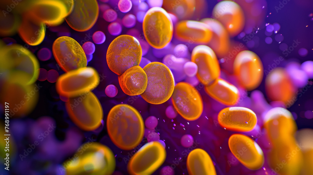 Clustered spherical bacteria cells are depicted in vibrant orange and ...