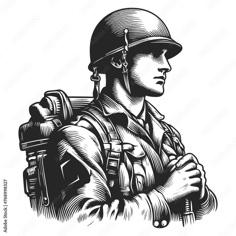 soldier portrait wearing a military helmet in a vintage engraving style ...