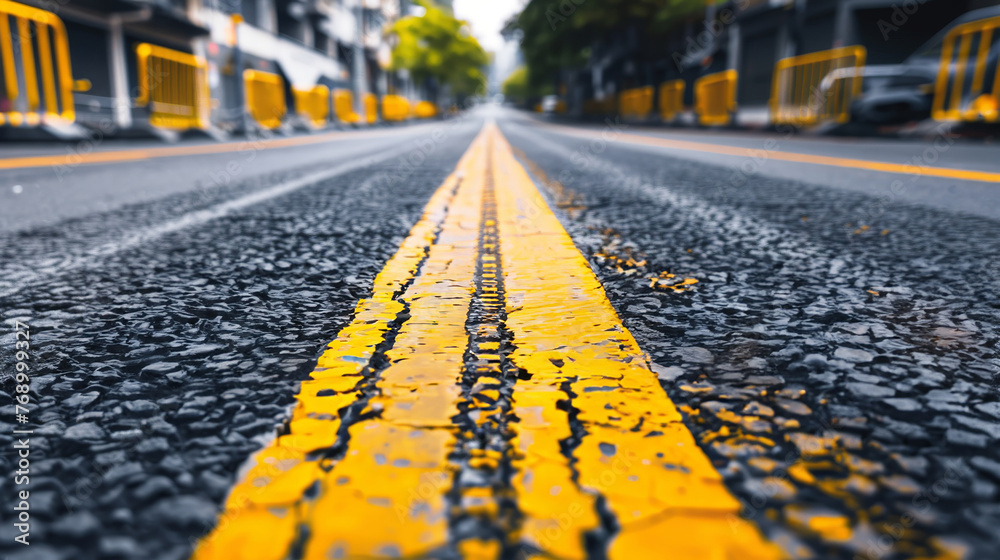 Weathered Asphalt Texture with Yellow Road Marking Lines and Speckled ...