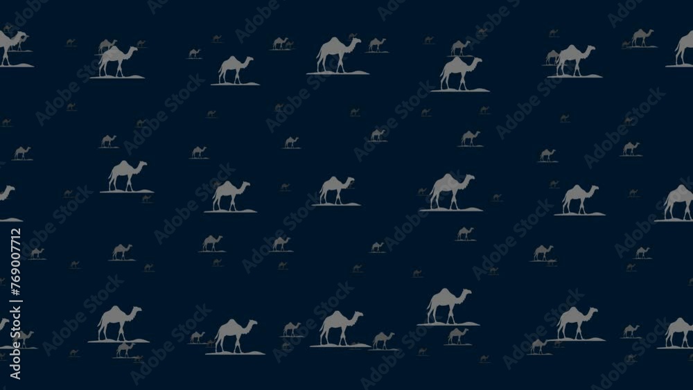 Wild camel symbols float horizontally from left to right. Parallax fly ...