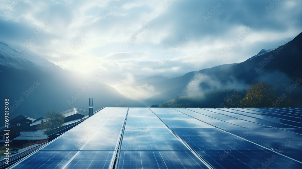 Solar panels installed on the roof of a building, in a remote area with ...