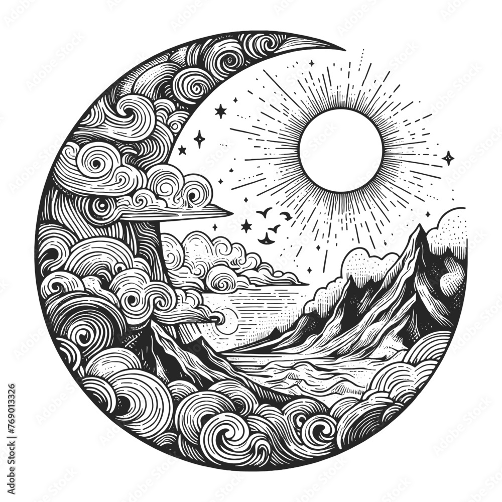 Vintage celestial engraving of a crescent moon encompassing a sun with ...