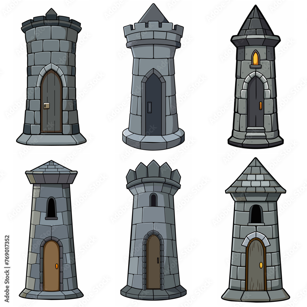 Medieval stone brick tower buildings. Castle gatehouse, fort ...