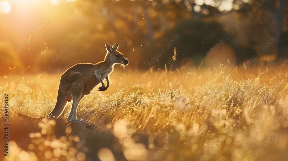 Agile kangaroo bounding effortlessly across sun-drenched Australian ...