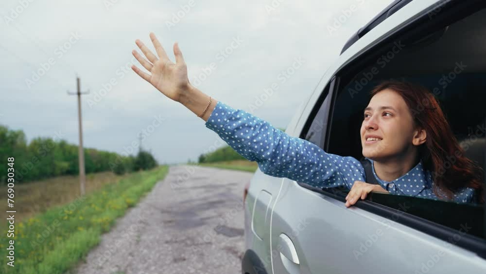 Vidéo Stock family girl car window, happy face woman smile, window seat ...