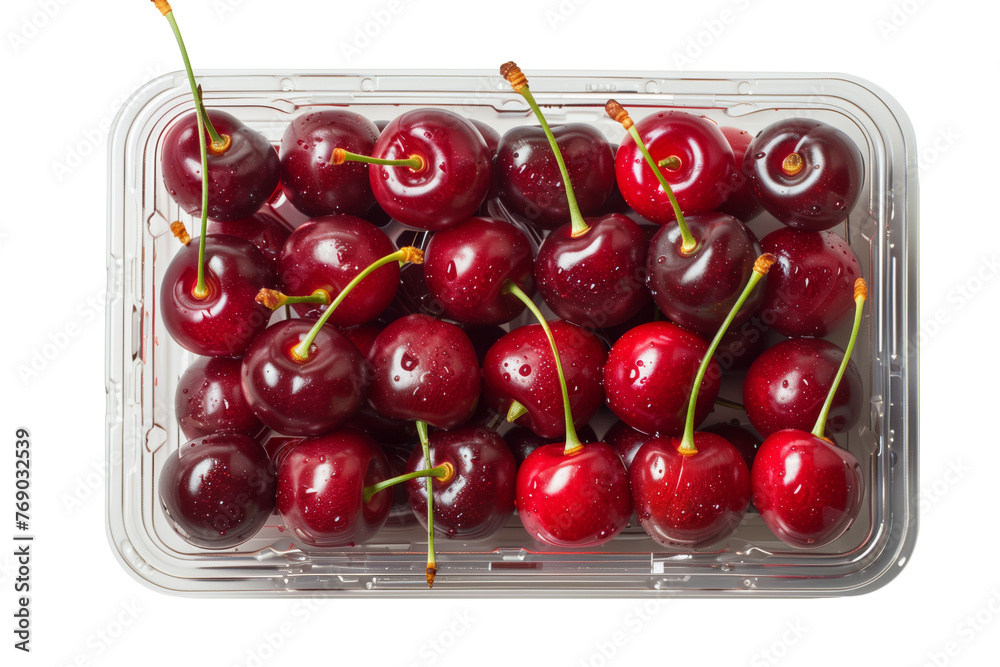 Cherries in the plastic shop package isolated on transparent background ...