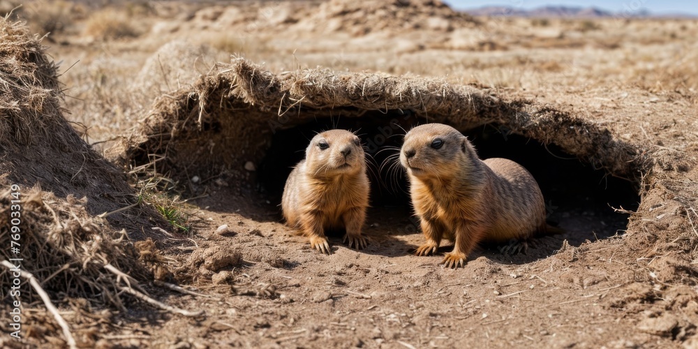 Two prairie groundhogs peering from a hole in a parched grass field ...
