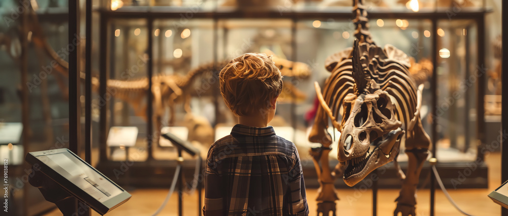 Child looking at the skeleton of an ancient dinosaur in the museum of ...