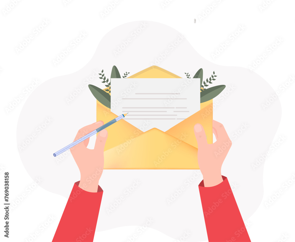 Person writing a letter, sending letter, greeting card, hand holding ...
