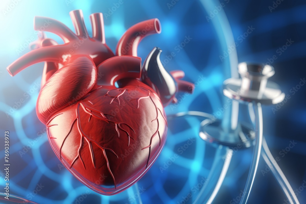 Human heart anatomy on medical stethoscope background. 3d illustration ...