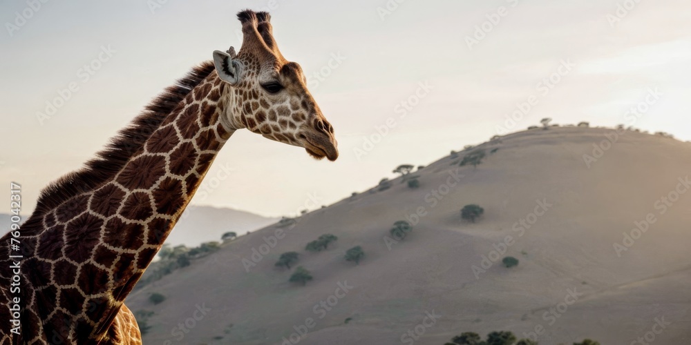 Giraffe standing against tall mountain range topped with lush forestry ...