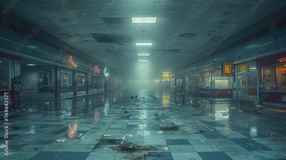 Abandoned indoor shopping mall scene - A hauntingly empty shopping mall ...