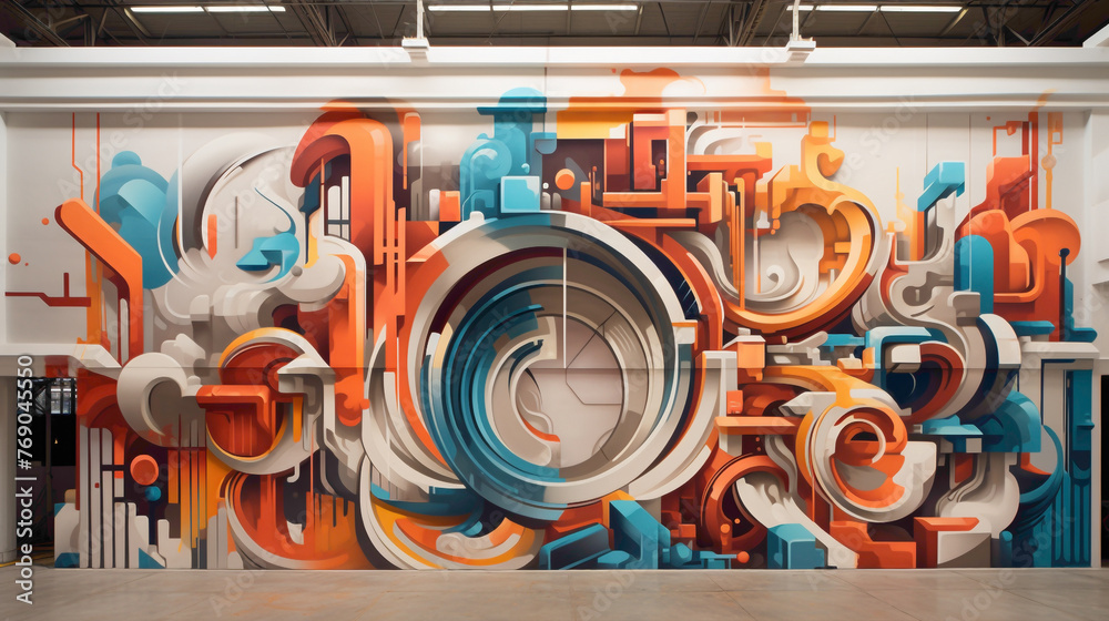 Graffiti-style lettering emerges from a tapestry of abstract shapes ...