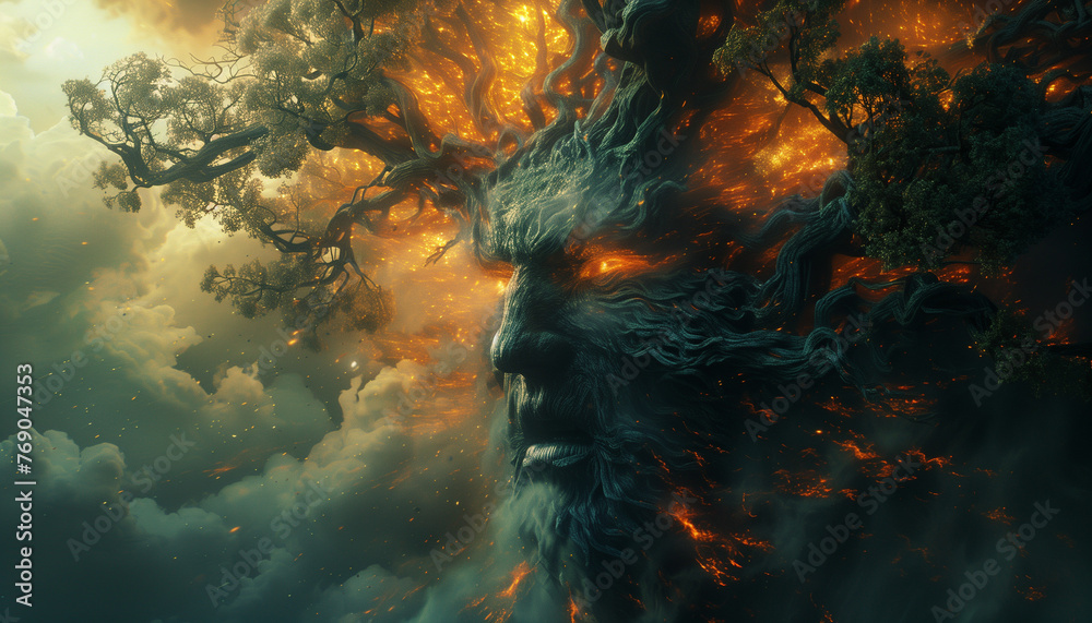 Silhouette of god's face in the clouds. A vision of the biblical ...