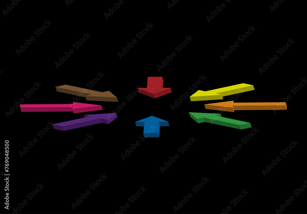 8 Flechas de colores apuntando hacia el centro en perspectiva frontal ...