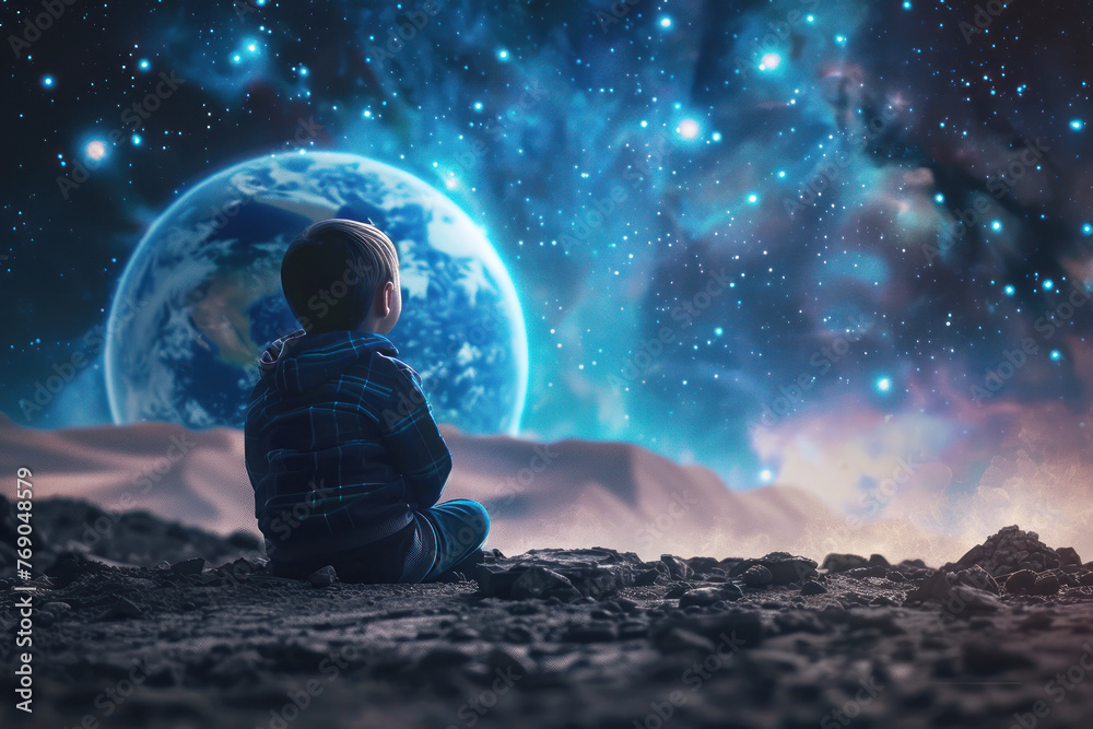 Child sitting on a foreign planet gazing at Earth in space Stock Photo ...