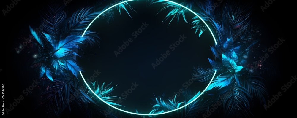 Indigo neon frame with leaves on black background, in the style of ...