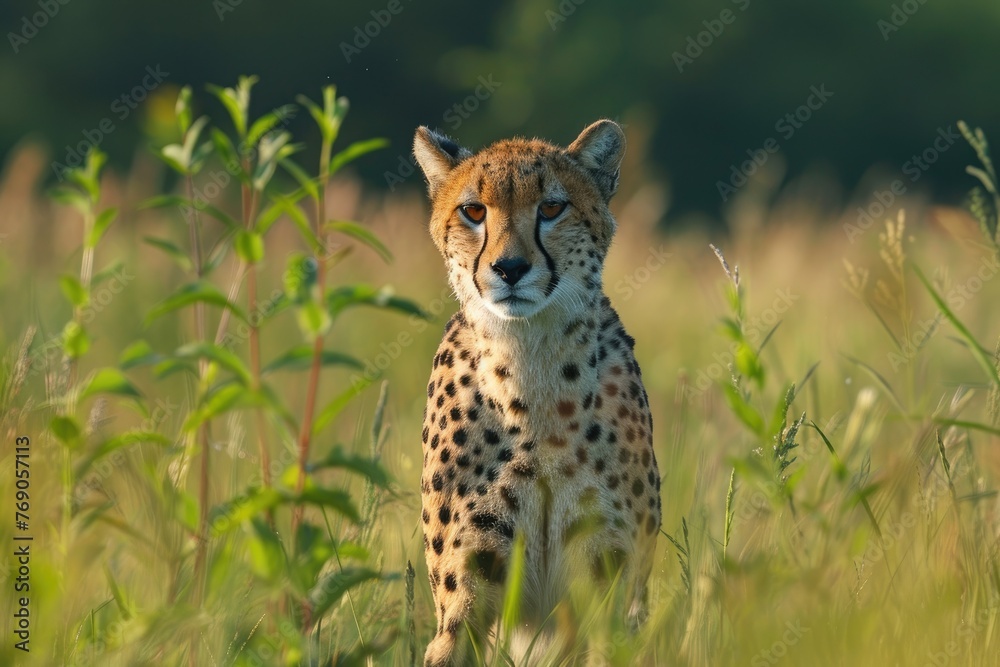Cheetah standing amidst the tall grass - A majestic cheetah stands ...