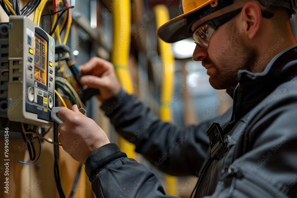 Electrician checking electrical current with a meter at a power ...
