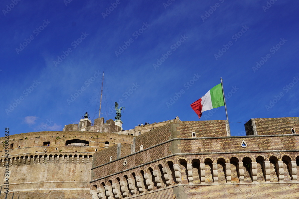 An Italian flag flying over the Castel Sant' Angelo fortress, former ...