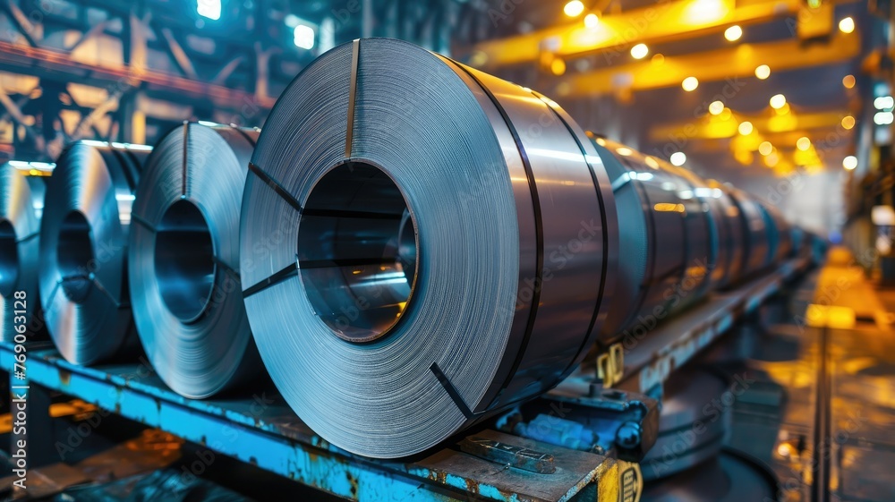 Rolled steel coils in a modern factory setting - Close-up of metallic ...