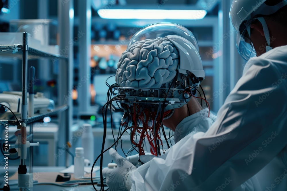Scientist adjusting a brain-like structure - A scientist manipulates a ...