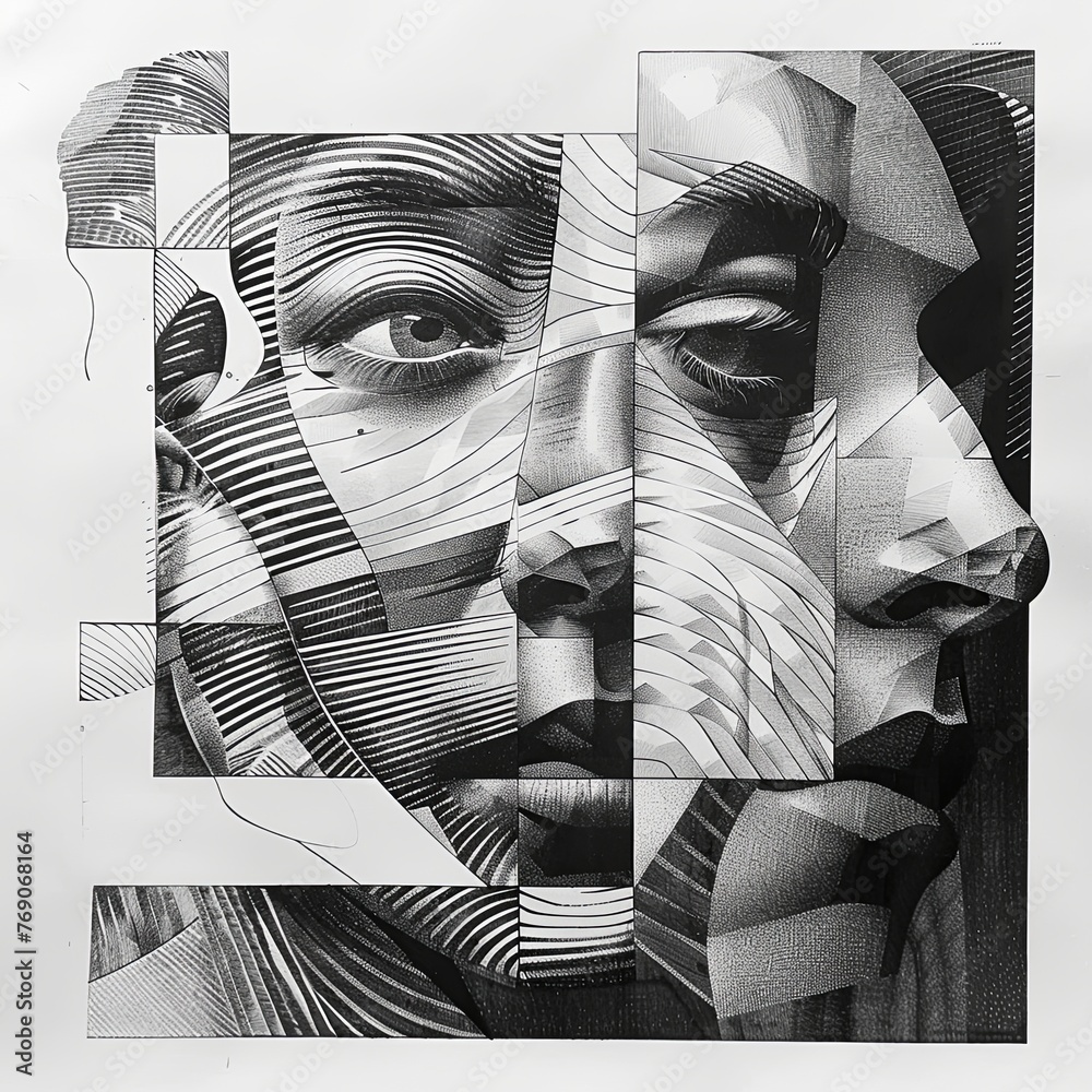 Cubist style collage of two faces cut and glued together. Abstract and ...