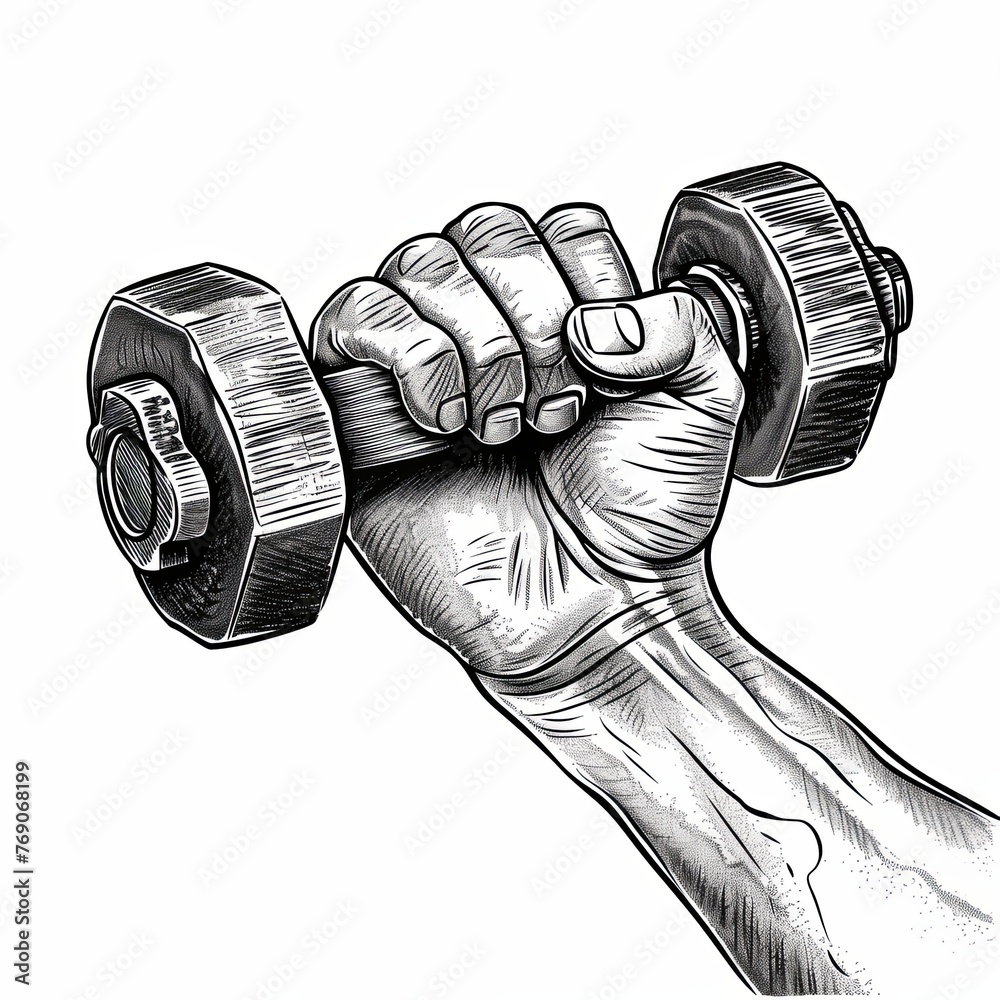 Hand holding a dumbbell. A man lifting weights in a workout. The image ...