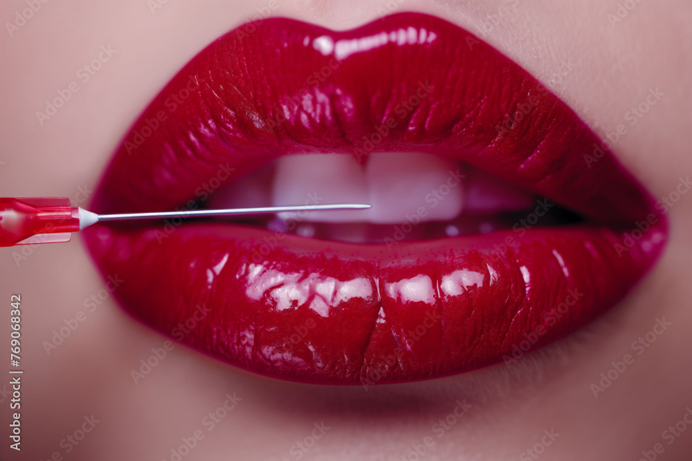 Glossy red crimson lips receiving a cosmetic filler injection with a ...