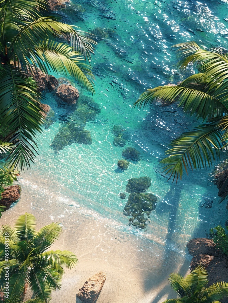 Transform a top-down perspective of a tropical beach and lagoon into a ...