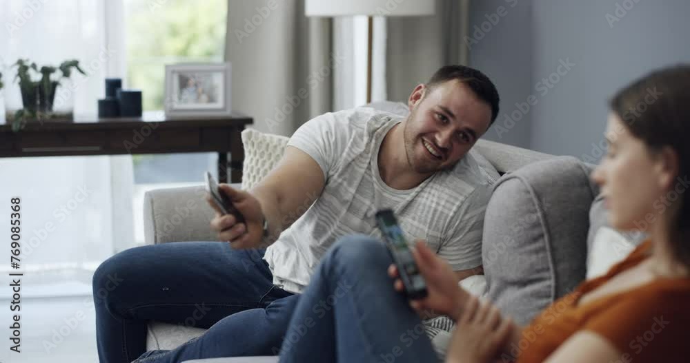 Phone, speaking or angry couple with stress for marriage problem ...